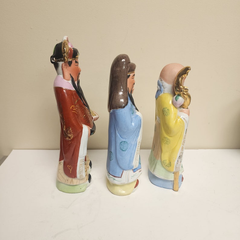 Chinese Deity Statues Set of 3, Lucky Fu Lu Shou Hand Decorated Vintage ...