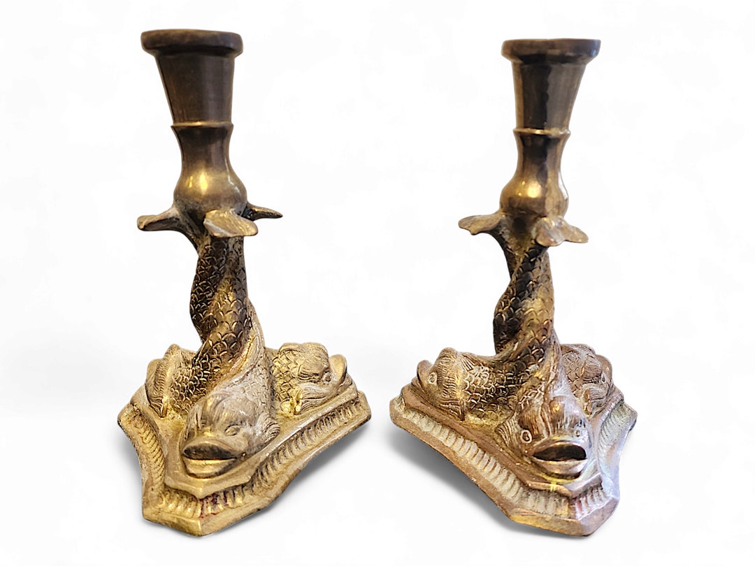 Pair of Mottahedeh brass Serpentine Dolphin Koi Fish Candlestick ...