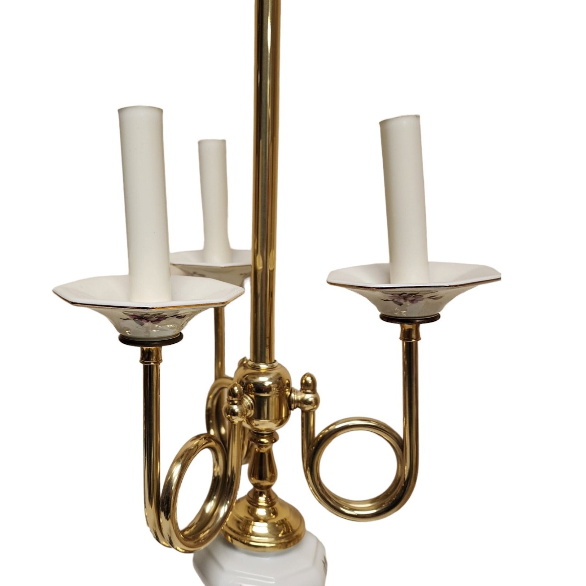 Pair Louis XVI French Style Porcelain Brass Bouillotte Triple Branch ...