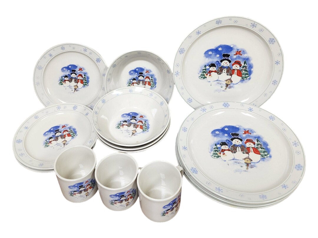 Snowman Family Stoneware Dinnerware Set: Vintage Christmas Plates ...