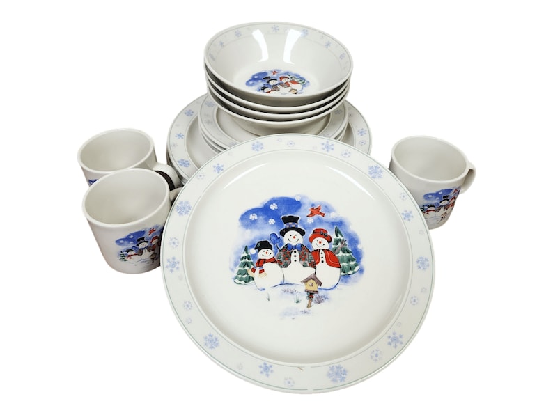 Snowman Family Stoneware Dinnerware Set: Vintage Christmas Plates ...