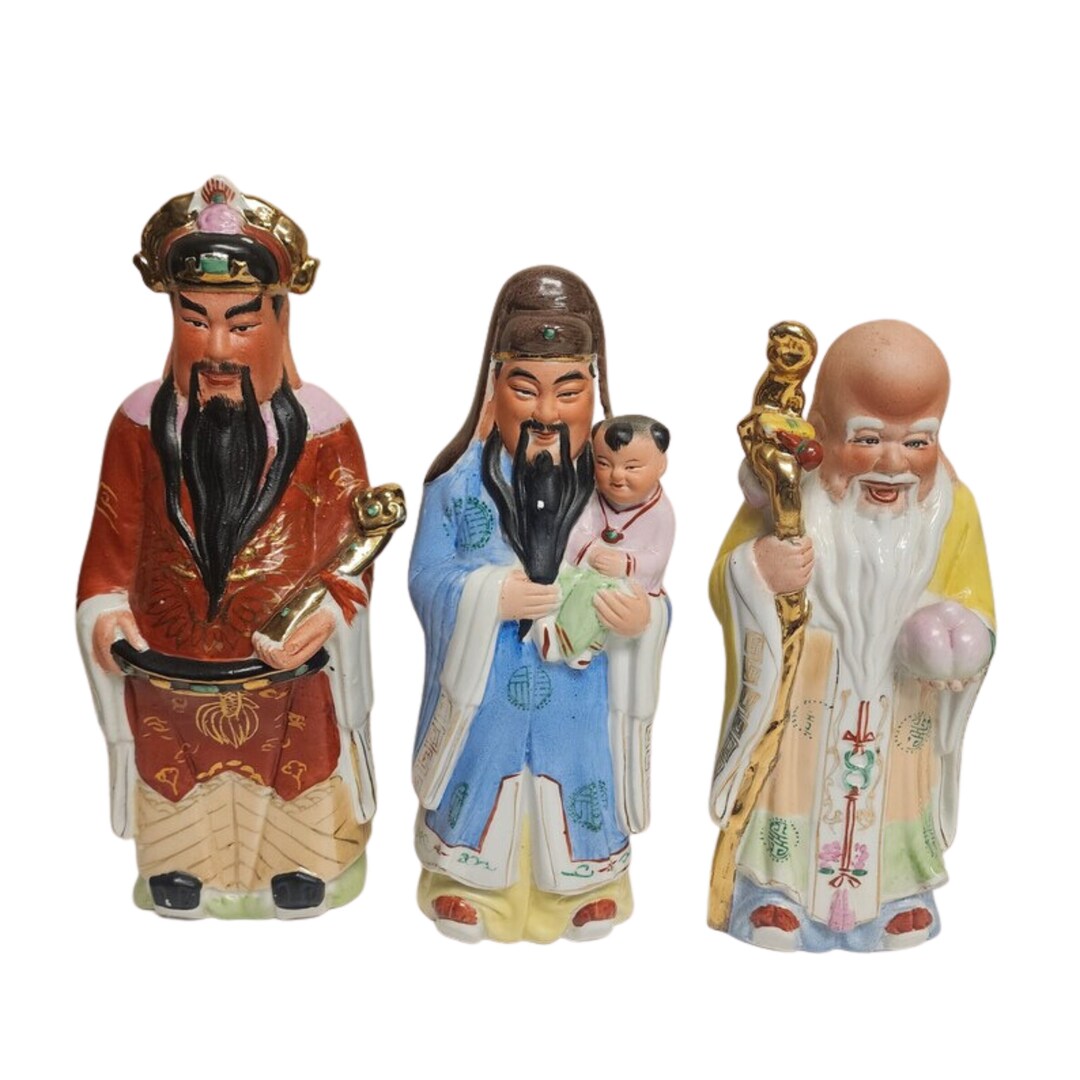 Chinese Deity Statues Set of 3, Lucky Fu Lu Shou Hand Decorated Vintage ...
