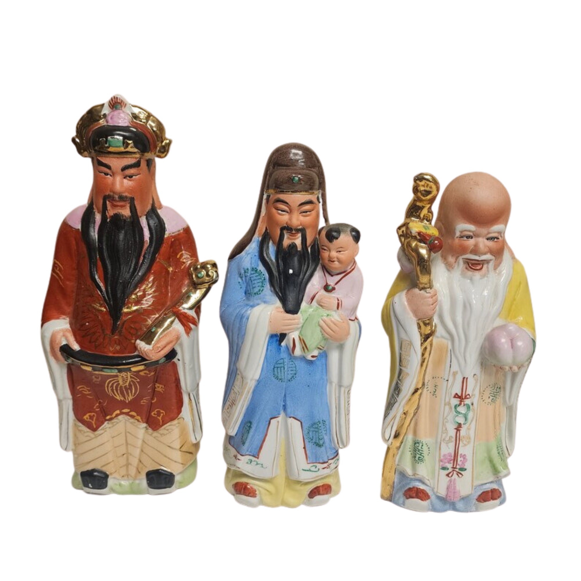 Chinese Deity Statues Set of 3, Lucky Fu Lu Shou Hand Decorated Vintage ...