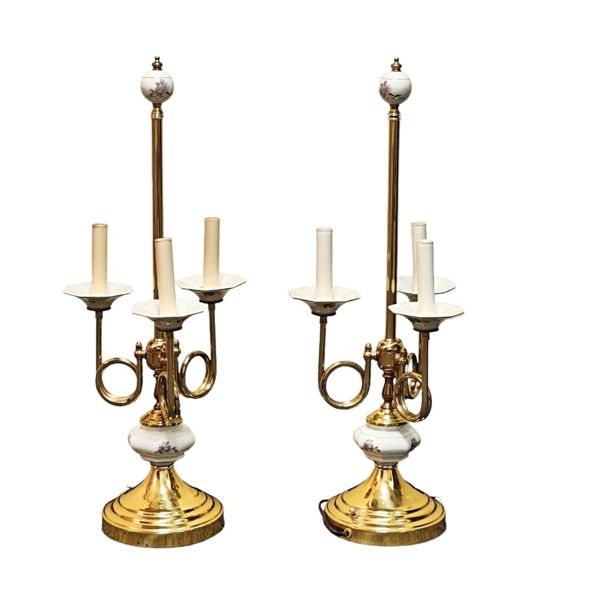 Pair Louis XVI French Style Porcelain Brass Bouillotte Triple Branch ...