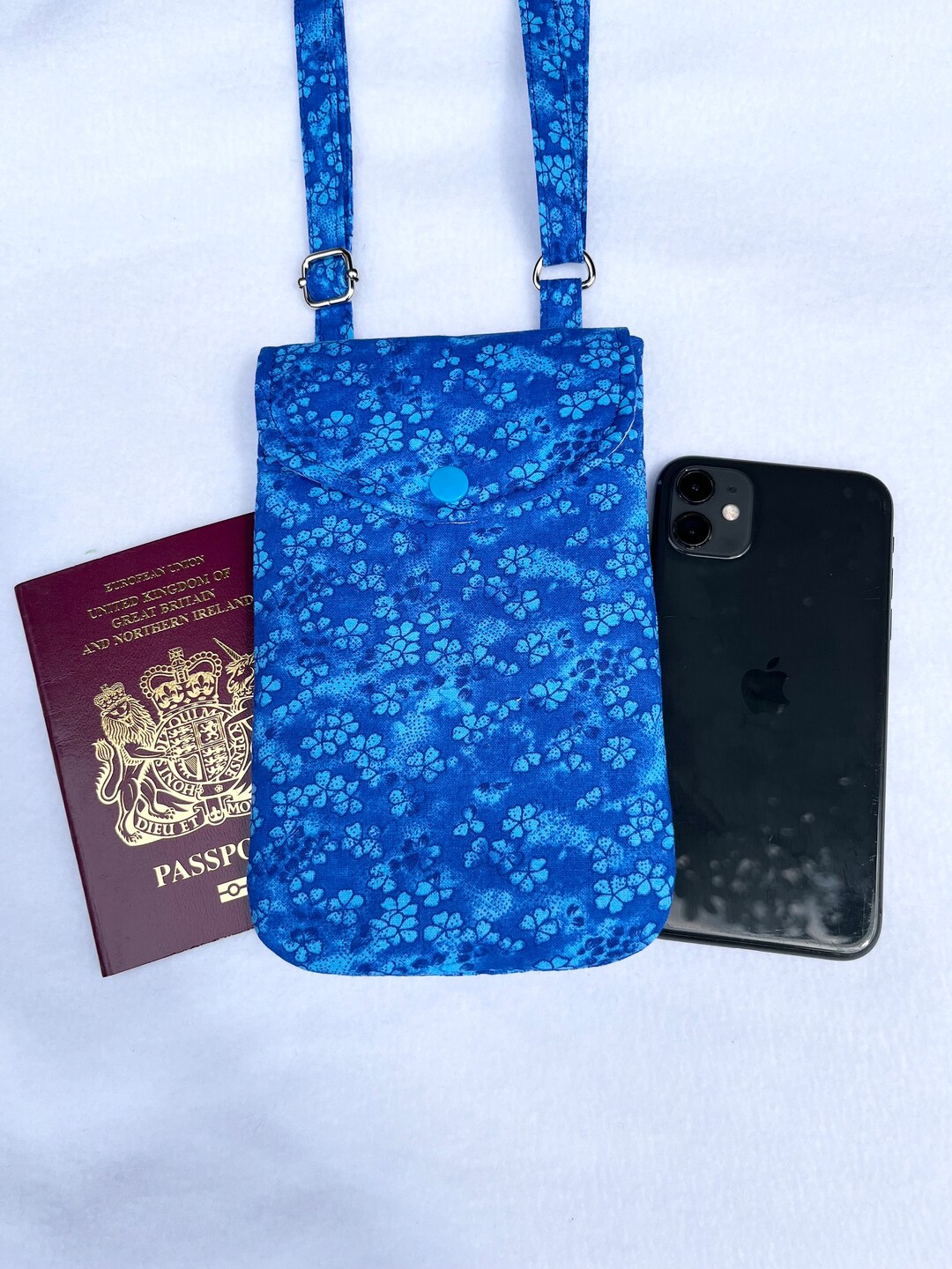 Handmade Crossbody Phone Bag: Royal Blue Oriental Flowers, Adjustable ...