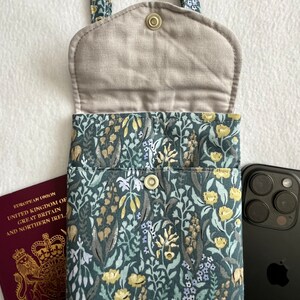 Mobile Phone Bag in Floral Meadow on Blue Print, Handmade Crossbody ...
