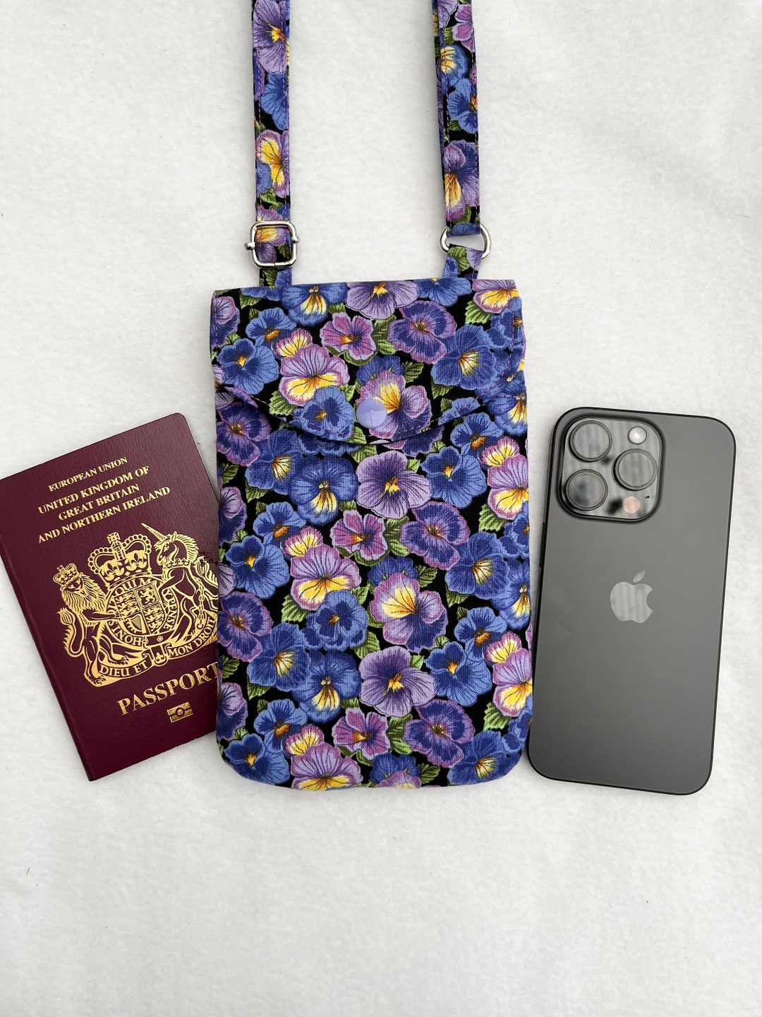 Mobile Phone Bag in Pansies Print, Handmade Crossbody Smartphone Bag ...