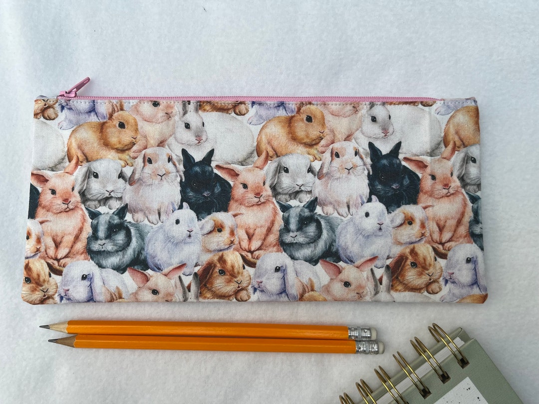 Rabbits Print Fabric Pencil Case, Large Flat Pencil Case, Bunny Pencil ...