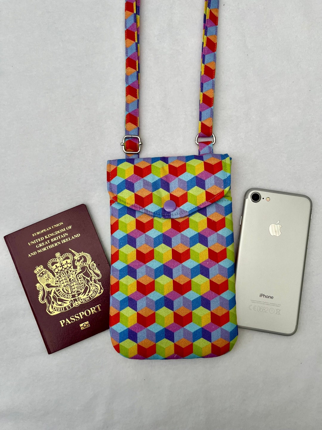 Mobile Phone Bag in Geometric Multi Coloured Blocks Print, Handmade ...