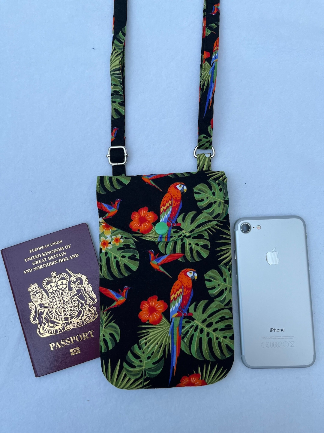 Crossbody Mobile Phone Bag, Rainforest Parrots, Handmade Crossbody ...