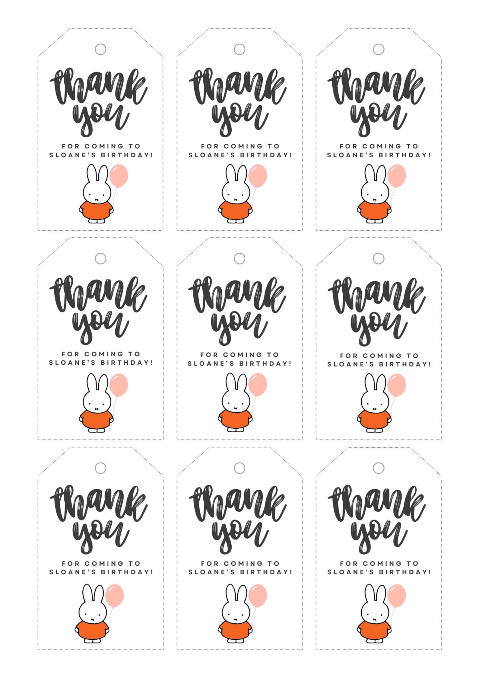 Miffy Birthday Party Favor Tags~editable - Etsy