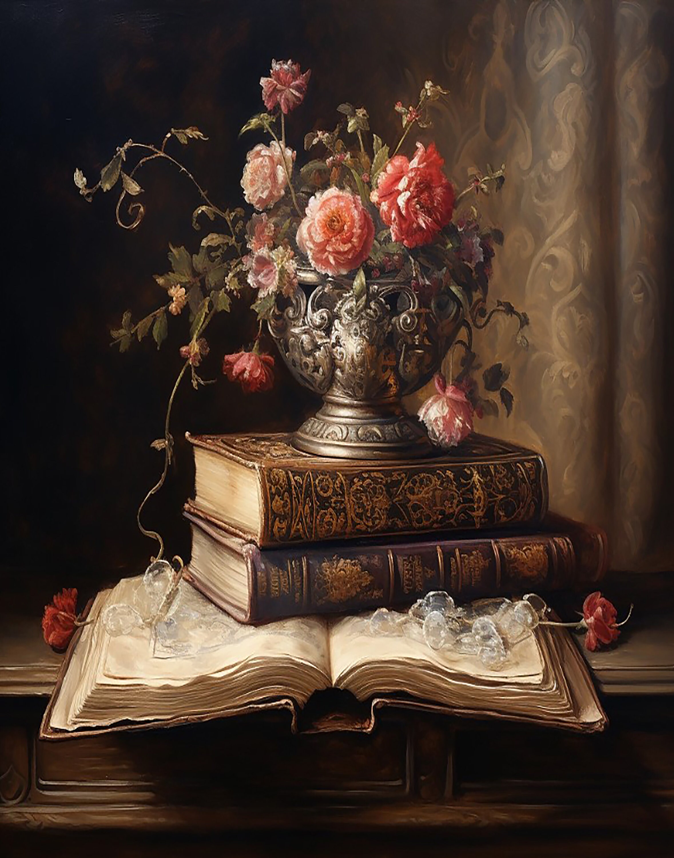 Open Book on Table, Stack of Books With Flowers, Classical Digital Art ...