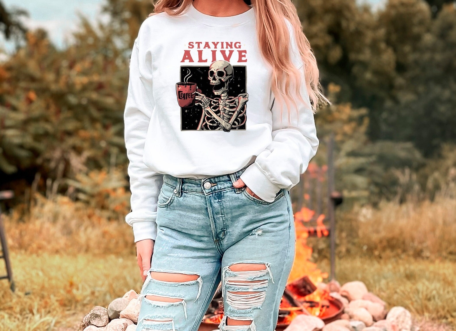 Staying Alive Skeleton Sweatshirt, Coffee Mug Holding Skeleton Vintage ...