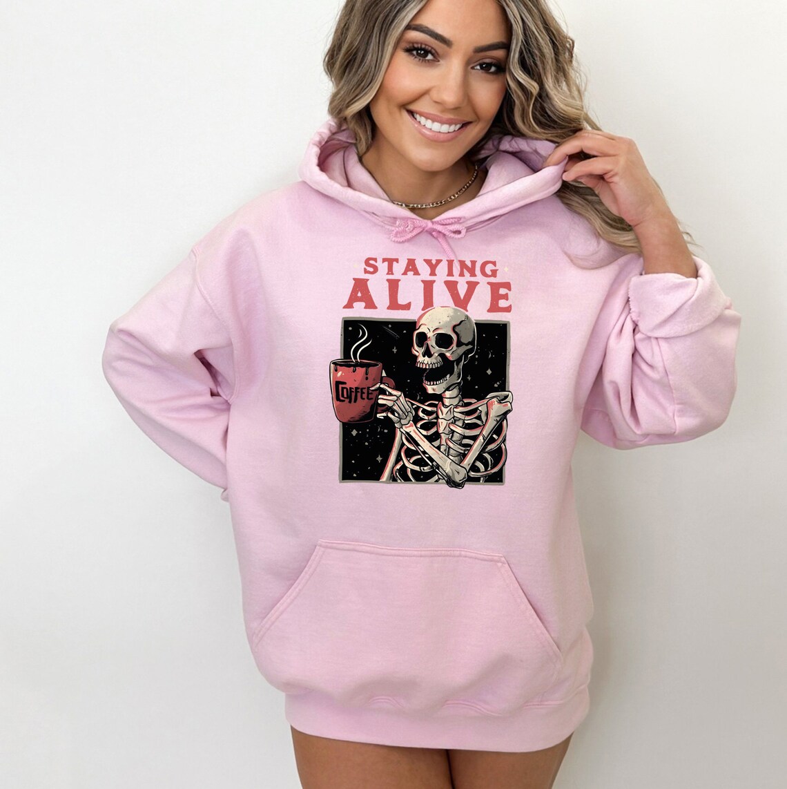 Staying Alive Skeleton Sweatshirt, Coffee Mug Holding Skeleton Vintage ...