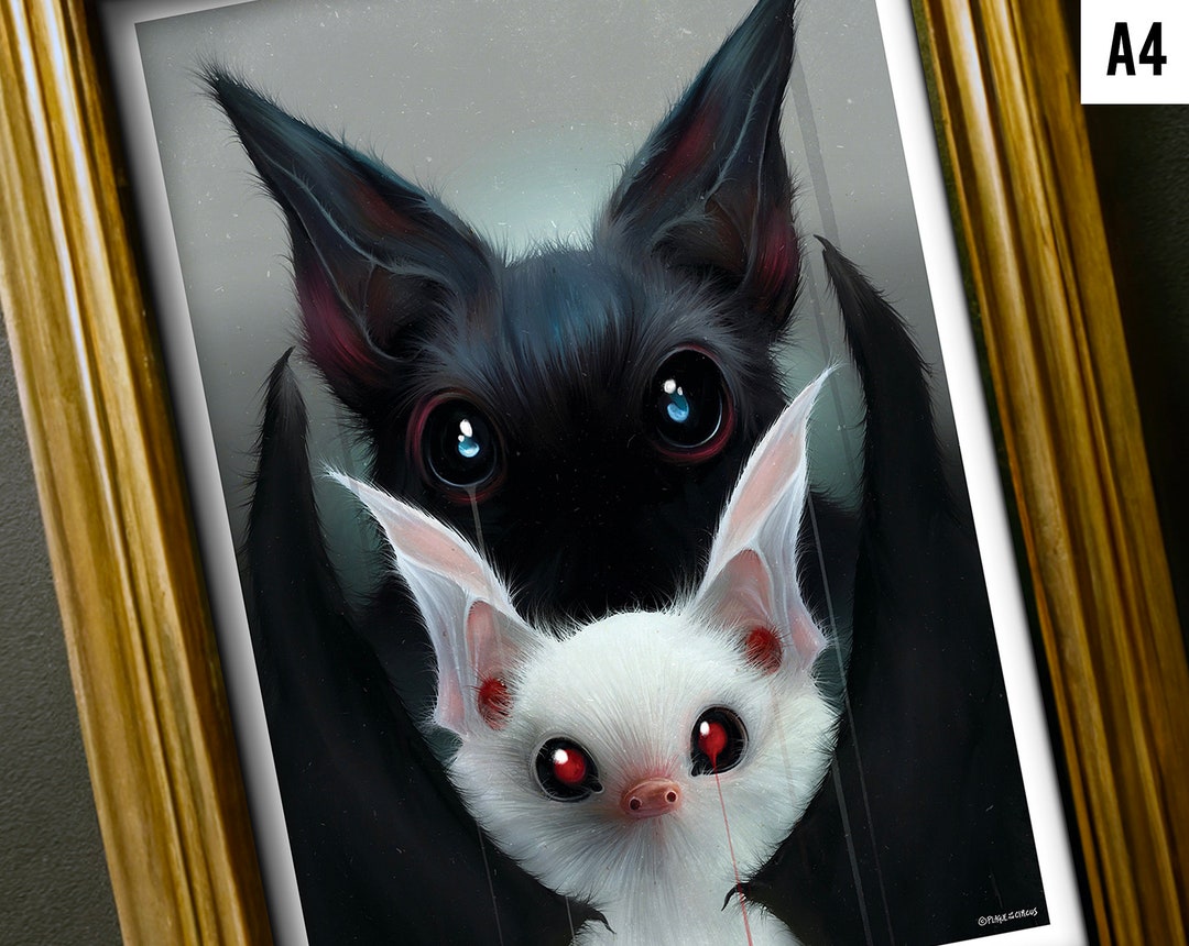 Creepy Cute Bat Artwork Print on A4 - Black and White Cuddling Bats - Etsy