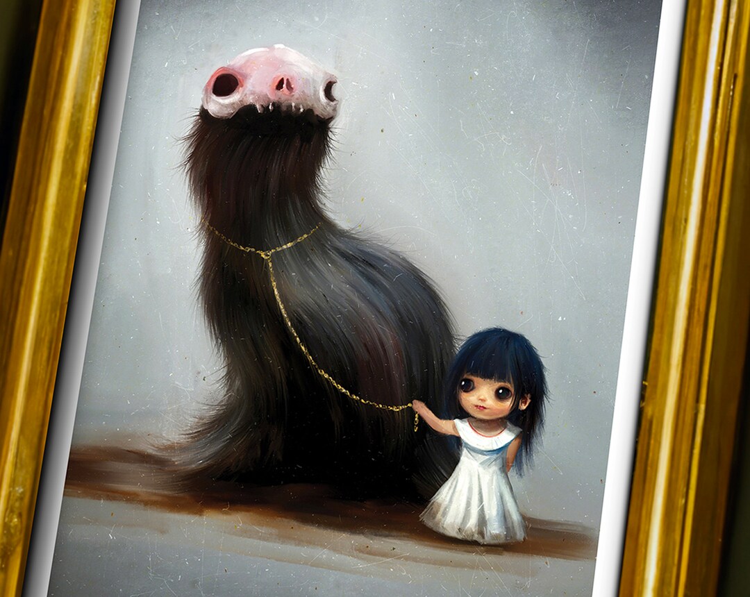Fantasy Creature With Little Girl Artwork Print on A4 Skull Monster ...