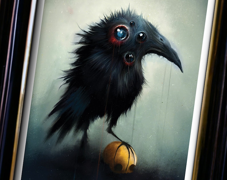 Creepy Crow Artwork Print on A4 - Corvid Horror Art With 6 Eyes - Etsy