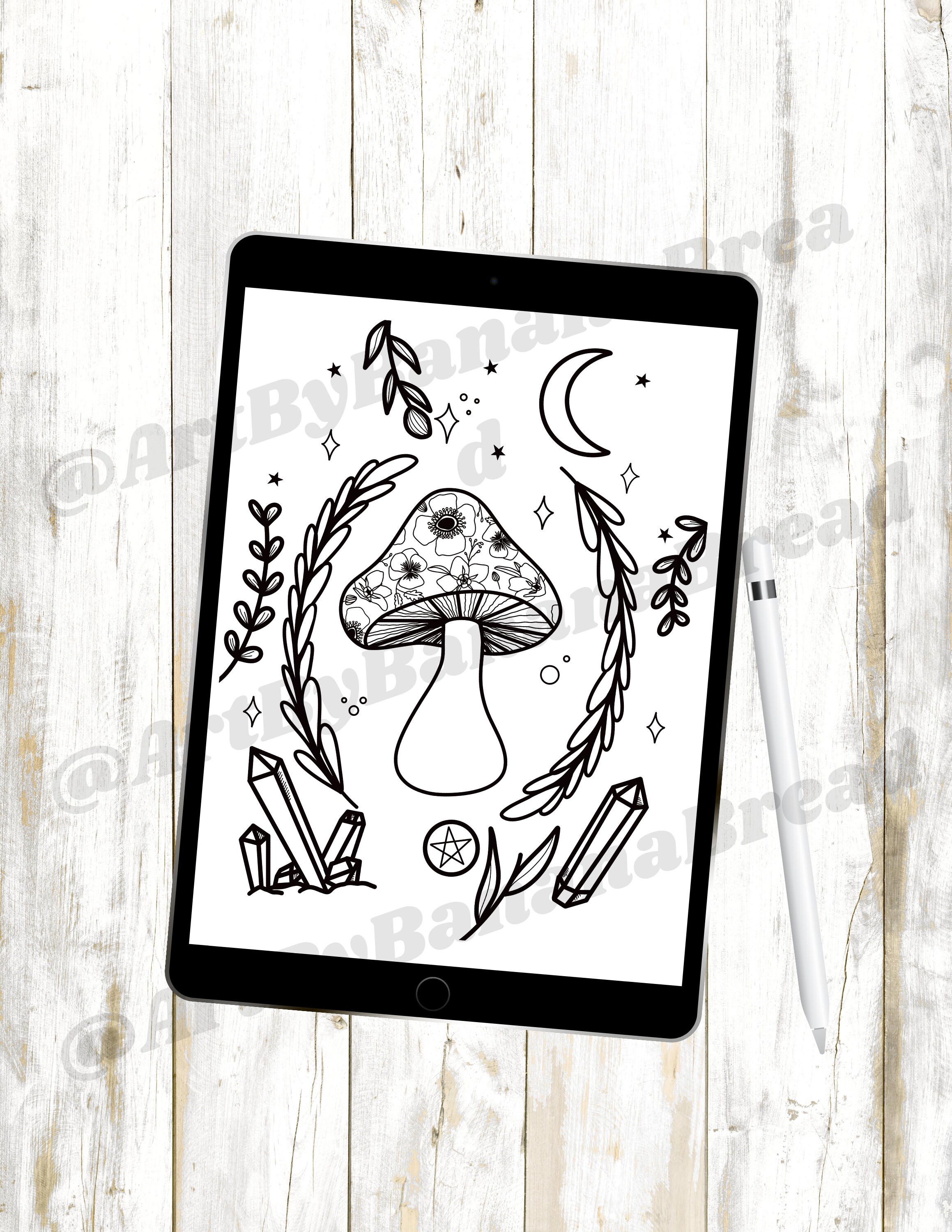 Magic Mushrooms Coloring Page, Witchy Mushrooms and Crystals Coloring ...