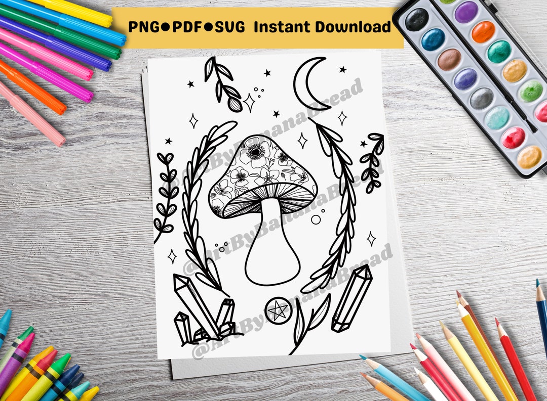 Magic Mushrooms Coloring Page, Witchy Mushrooms and Crystals Coloring ...