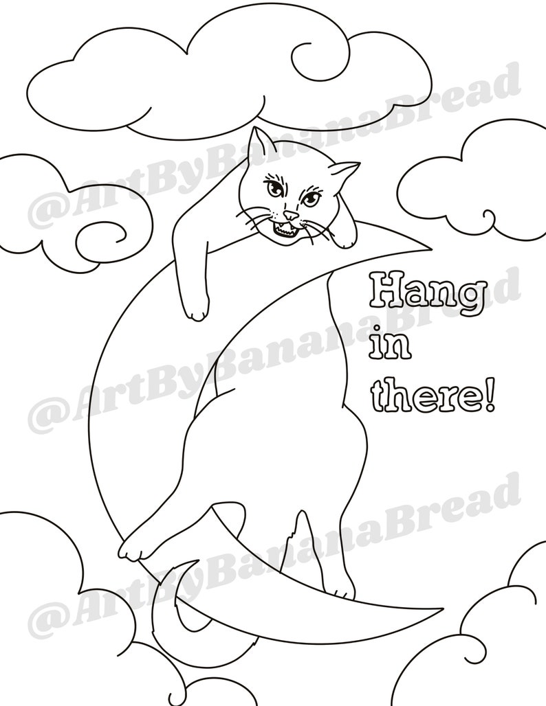 Cat and Moon Coloring Page, Retro "hang in There" Cat Poster - Etsy UK