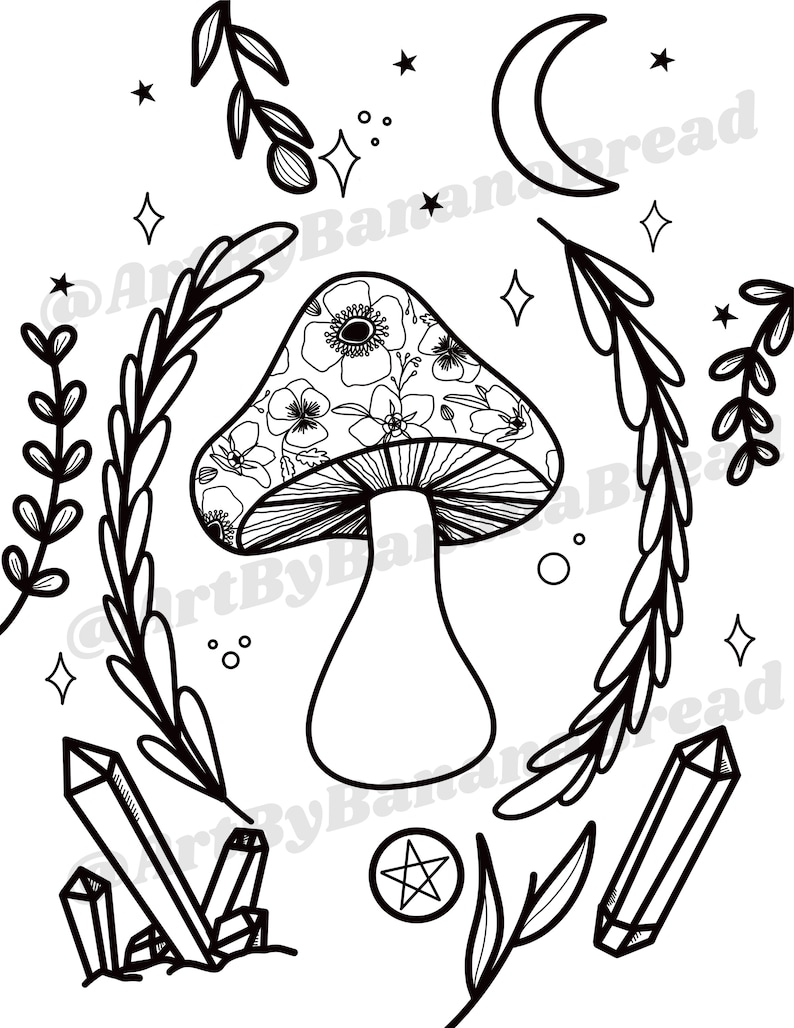 Magic Mushrooms Coloring Page, Witchy Mushrooms and Crystals Coloring ...