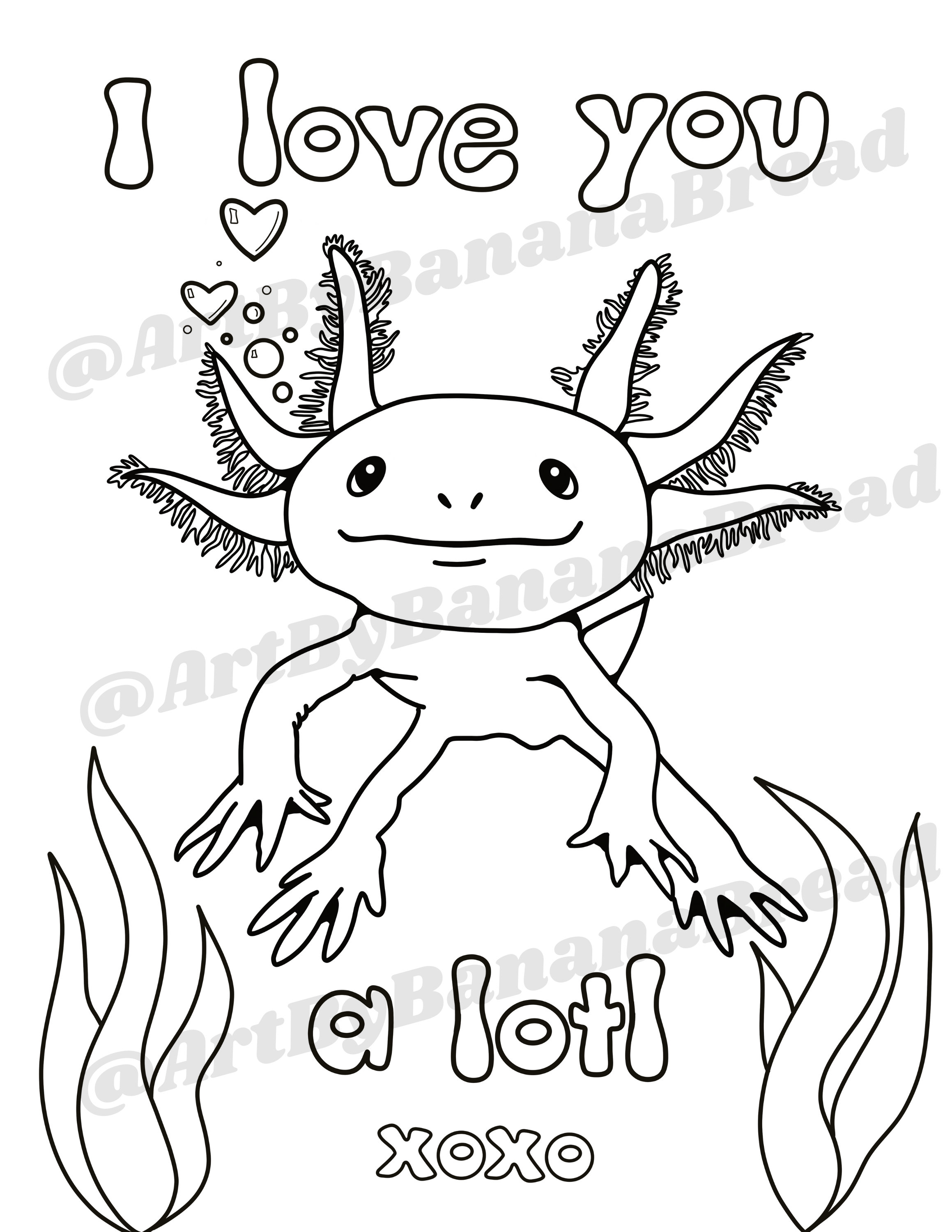 Cute Axolotl, I Love You Alotl, Coloring Page Instant Download, SVG ...