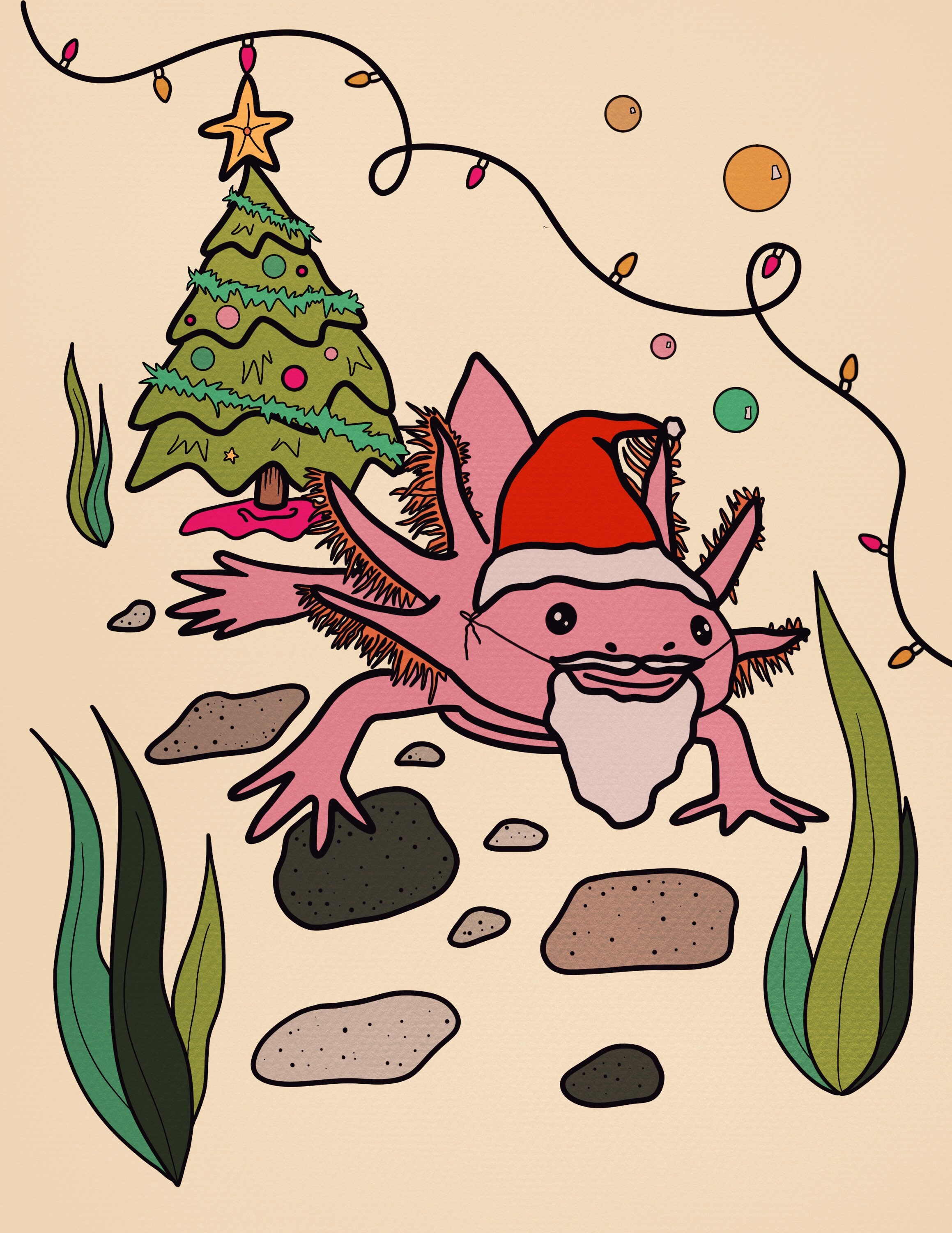 Kawaii Axolotl Santa Christmas Printable Coloring Page Instant Digital ...