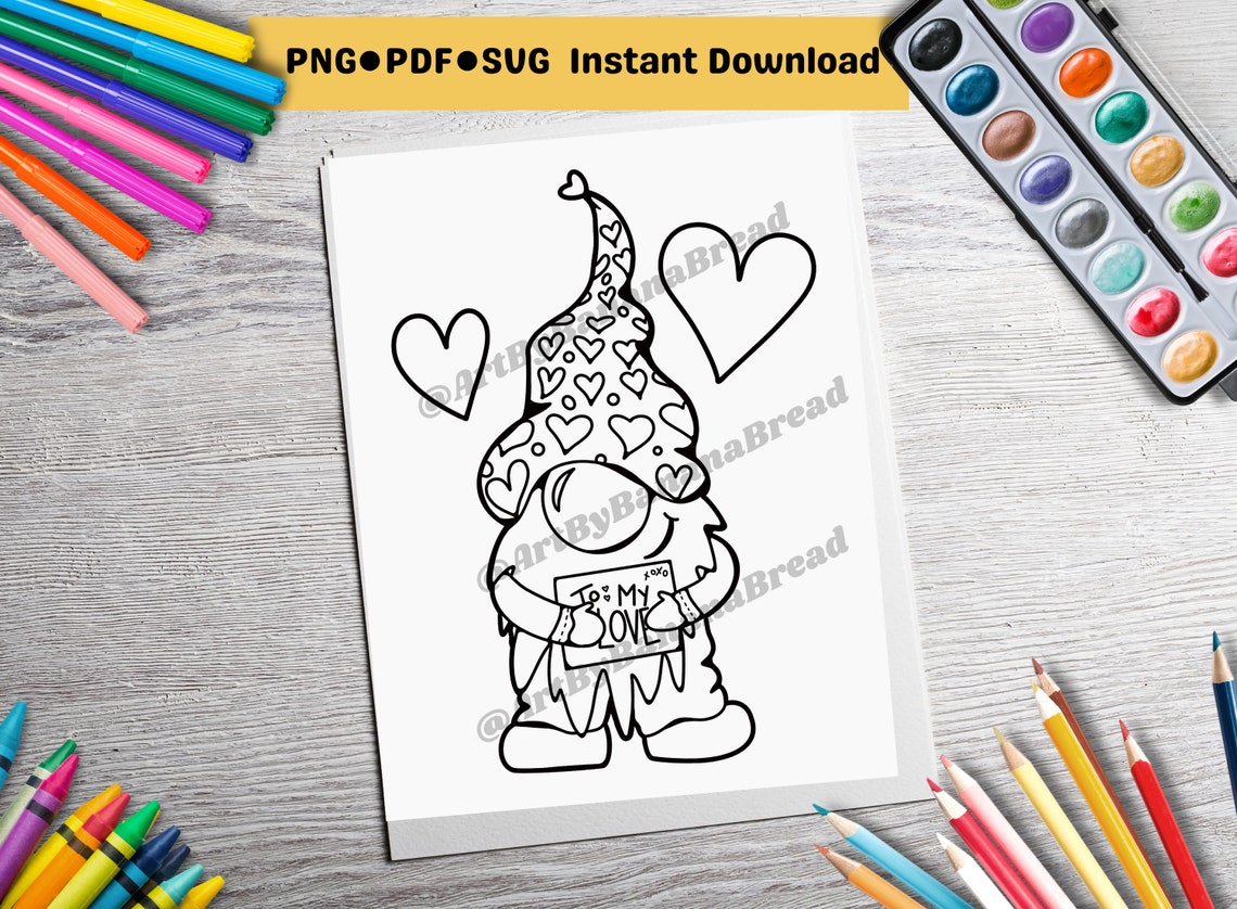 Valentine's Day Gnome Coloring Page Instant Download SVG, PDF and PNG ...