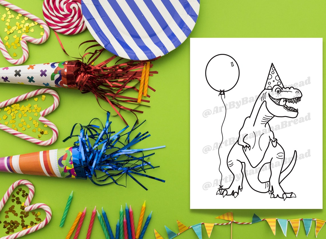 Dinosaur Birthday T-rex Printable Coloring Page Instant Digital ...