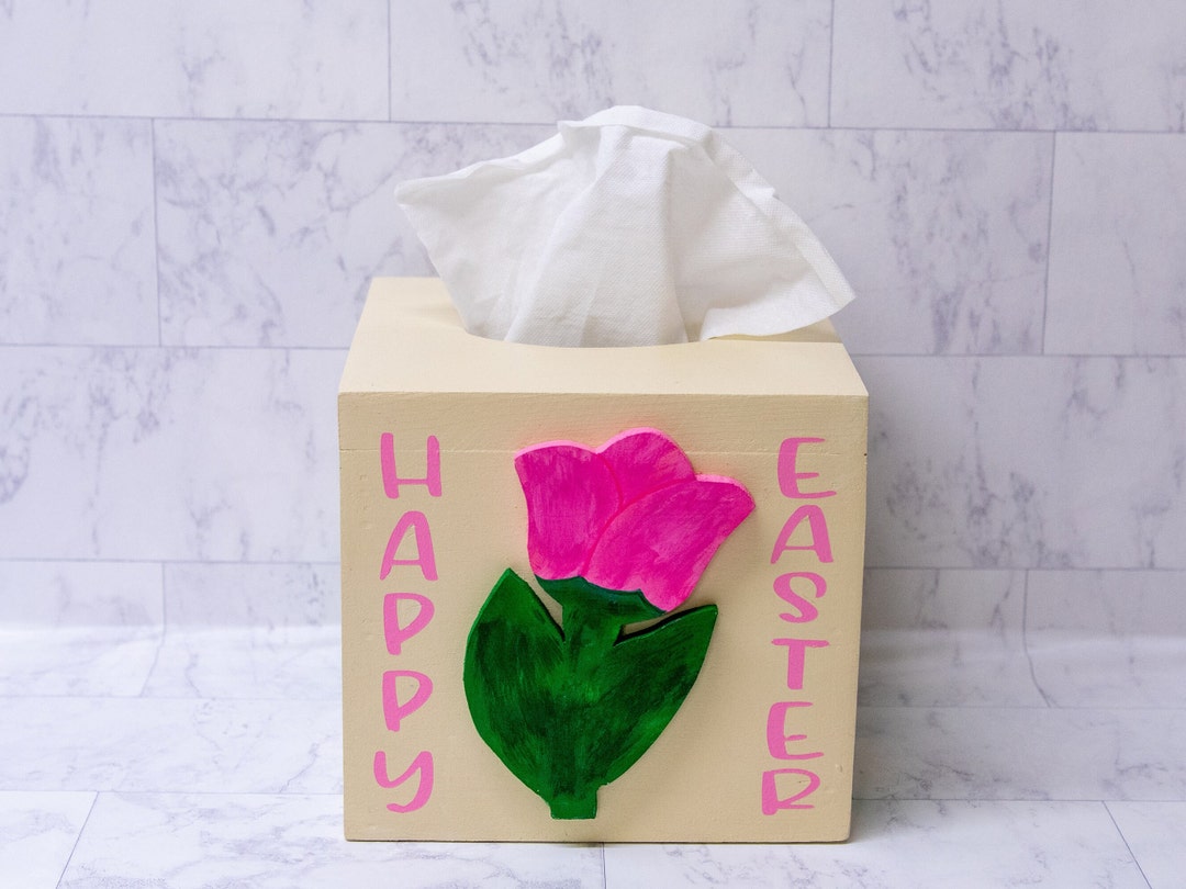 Tissue Box Cover, Happy Easter, Wooden Tissue Cube, Easter Tulip, Hand ...