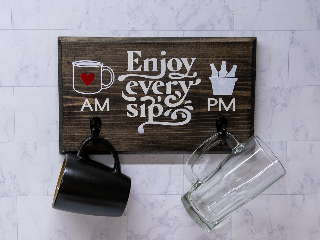 Coffee Cup and Beer Mug Hooks, AM-PM Sign, Coffee Cup Holder, Enjoy ...