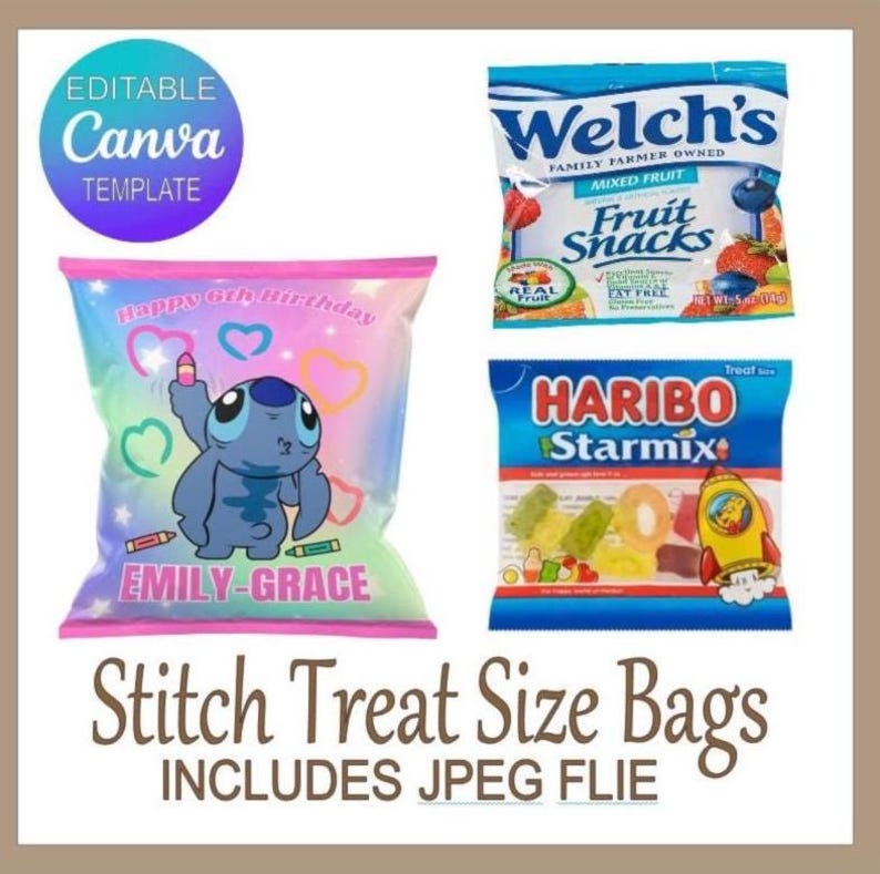 Customizable Stitch Wrapper Template for Party Favor Bags | Editable ...
