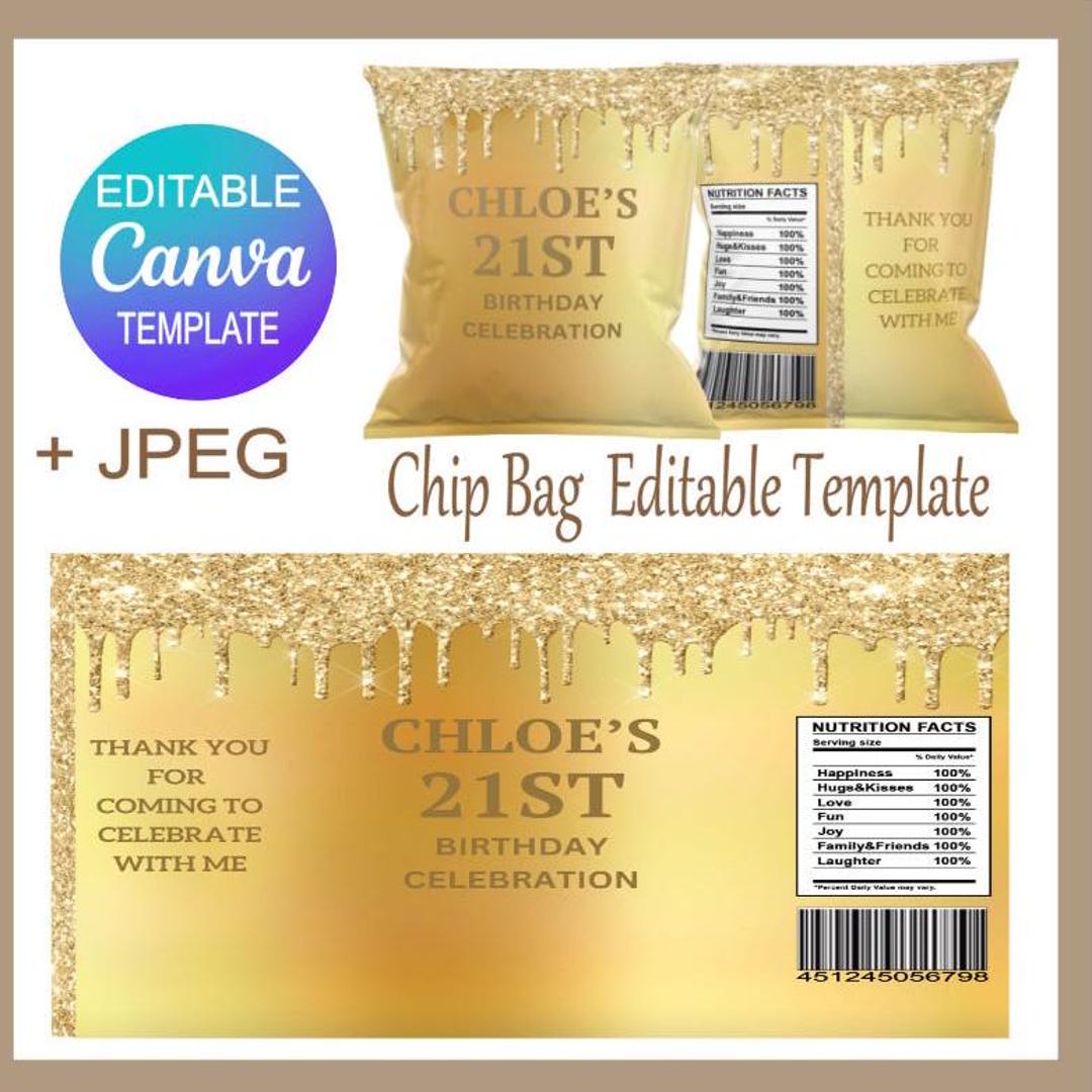 Gold Chip Bag Template - Gold Party Bag - Editable Birthday Chip Bag ...