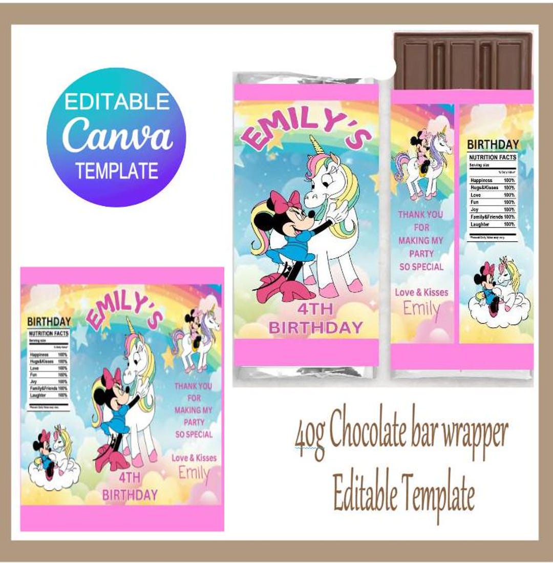 Chocolate Bar Wrapper Canva Template - Minnie Mouse Themed - Birthday ...