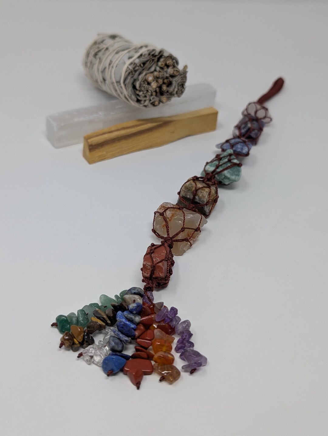 Crystal Chakra Macrame Hanging, Rough Stone, Chakra Car Charm ...