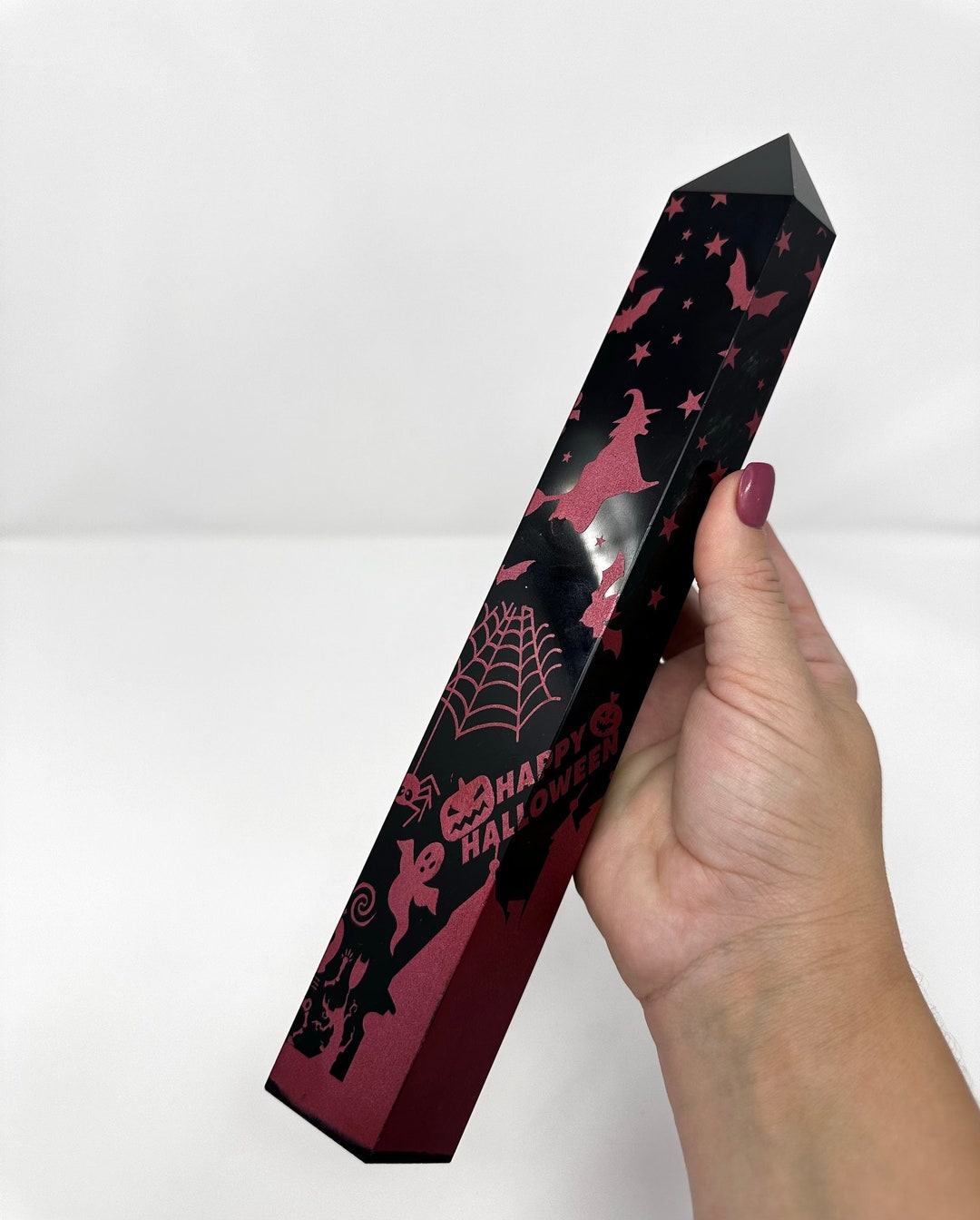 XL Large Halloween Black Obsidian Point, Engraved Crystal Point, 11.5 ...