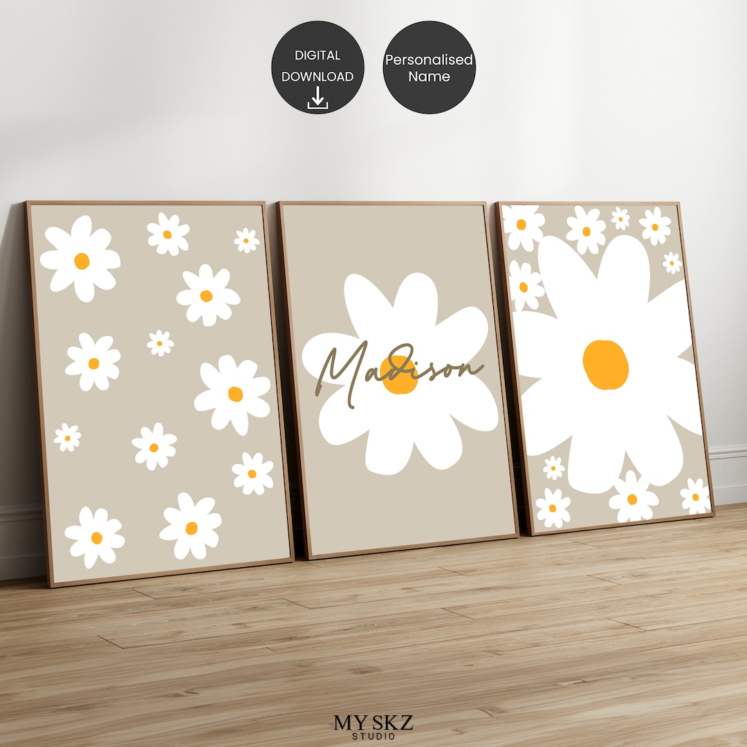 Daisy Wall Art, Custom Name Prints Set of 3, Nursery Art, Girls Room ...