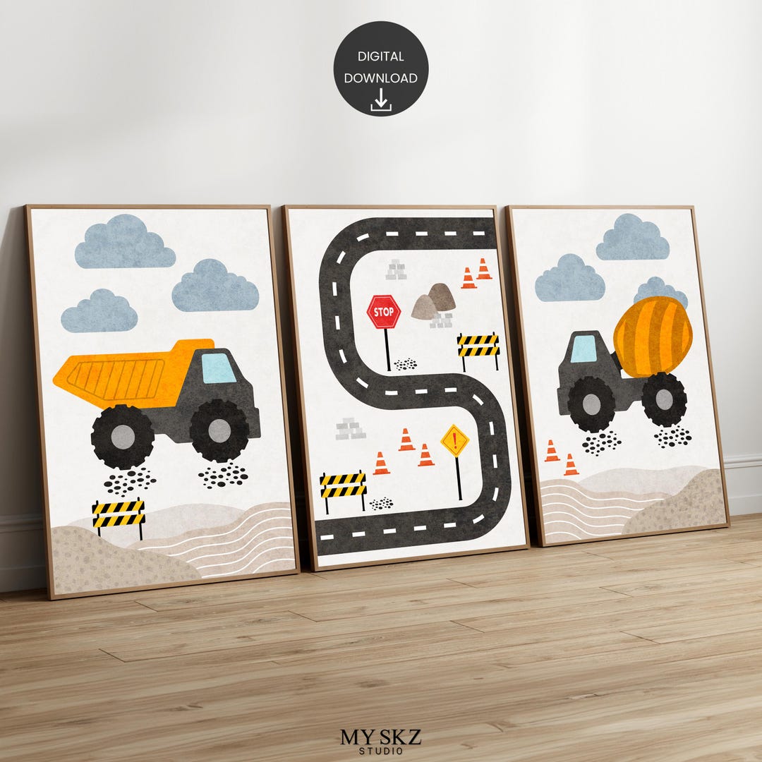 Construction Road Map Prints Construction Trucks Print Set Of 3 Prints Construction Poster