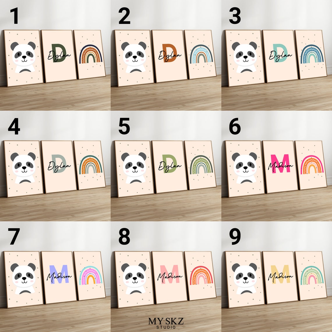 Set of 3 Animal Wall Art Prints, Personalised Name, Panda, Rainbow ...