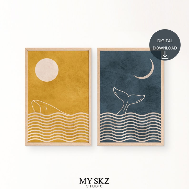 Sun and Moon Sea Whale Art Print, Day Night Ocean Wall Art, Sea Waves ...