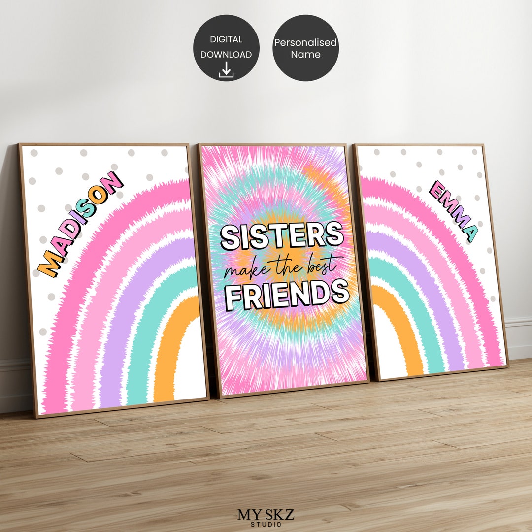 Colorful Tie Dye Sisters Printable Wall Art, Rainbow Print Set of 3 ...
