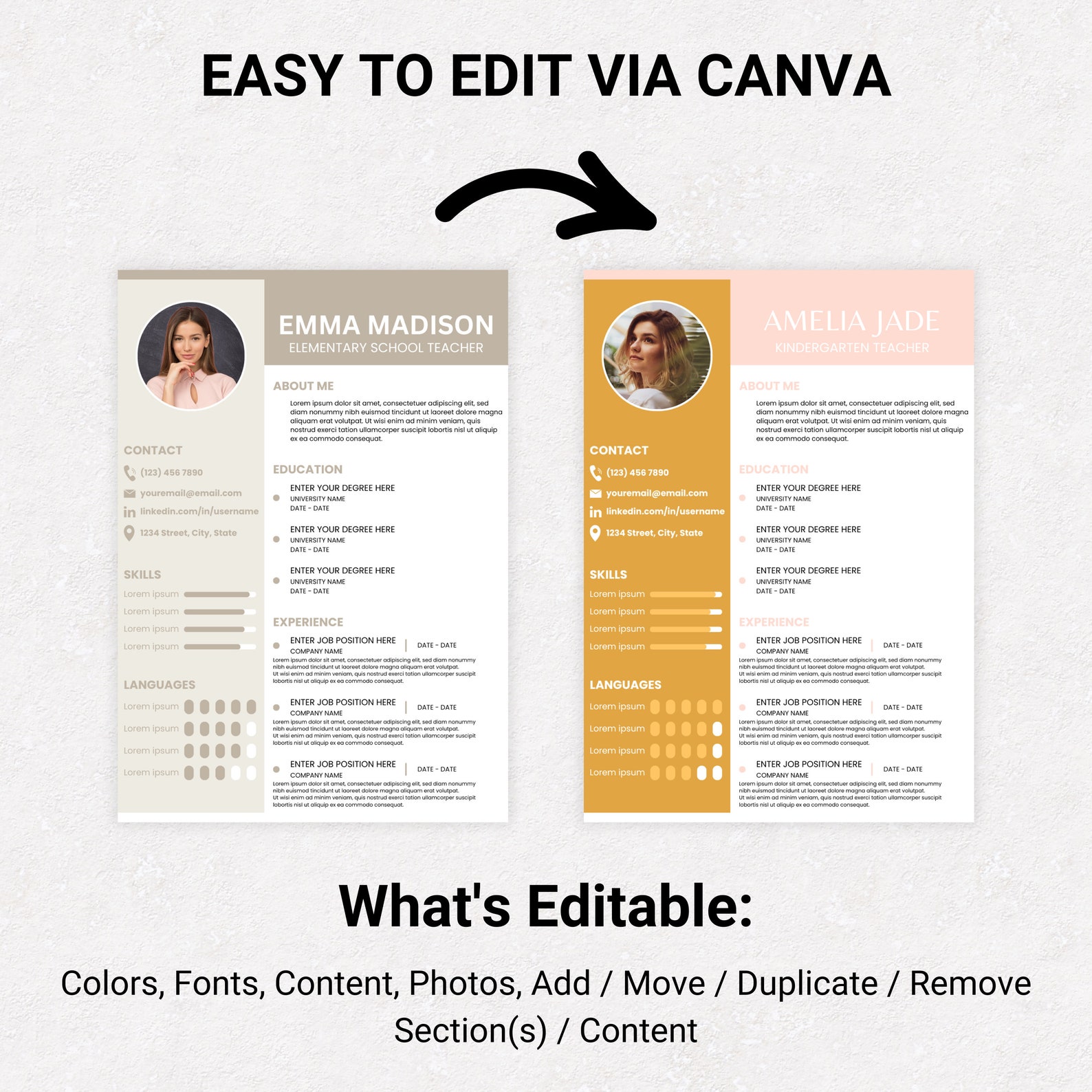 Modern Teacher Resume Template Editable Teacher Resume - Etsy