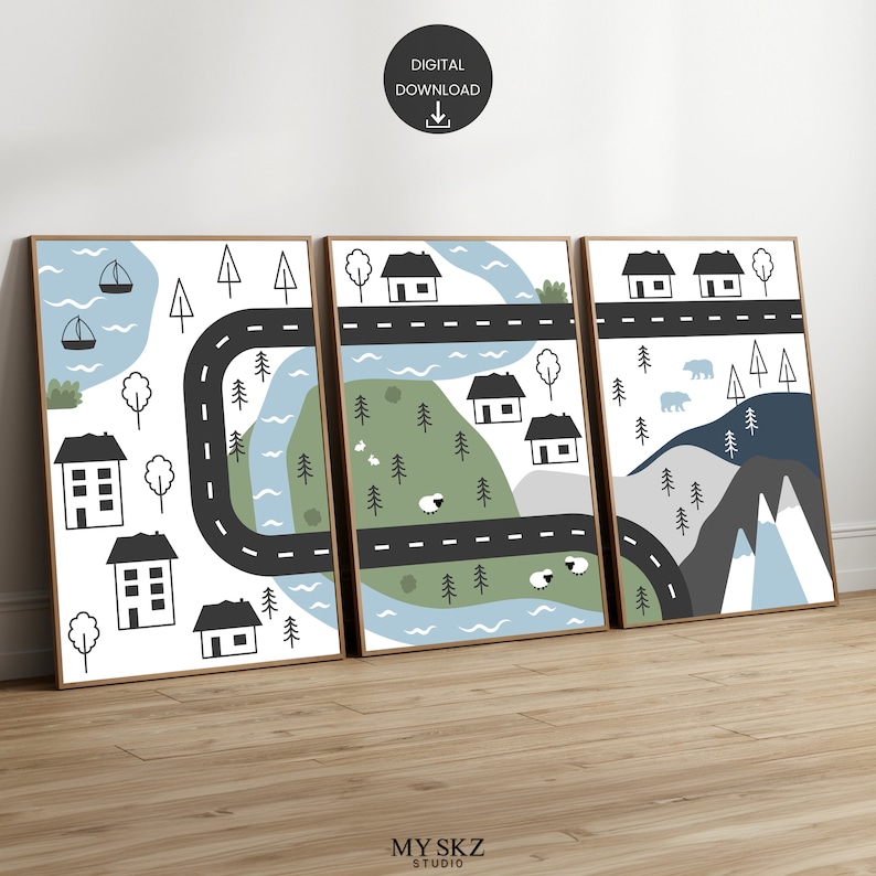 Set of 3 Road Map Car Wall Art Prints, Car, Vehicle, Cars Road, Nursery ...
