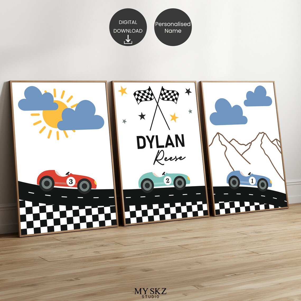 Road Map Racing Car Prints, Custom Name Print, Set of 3 Wall Art Prints ...