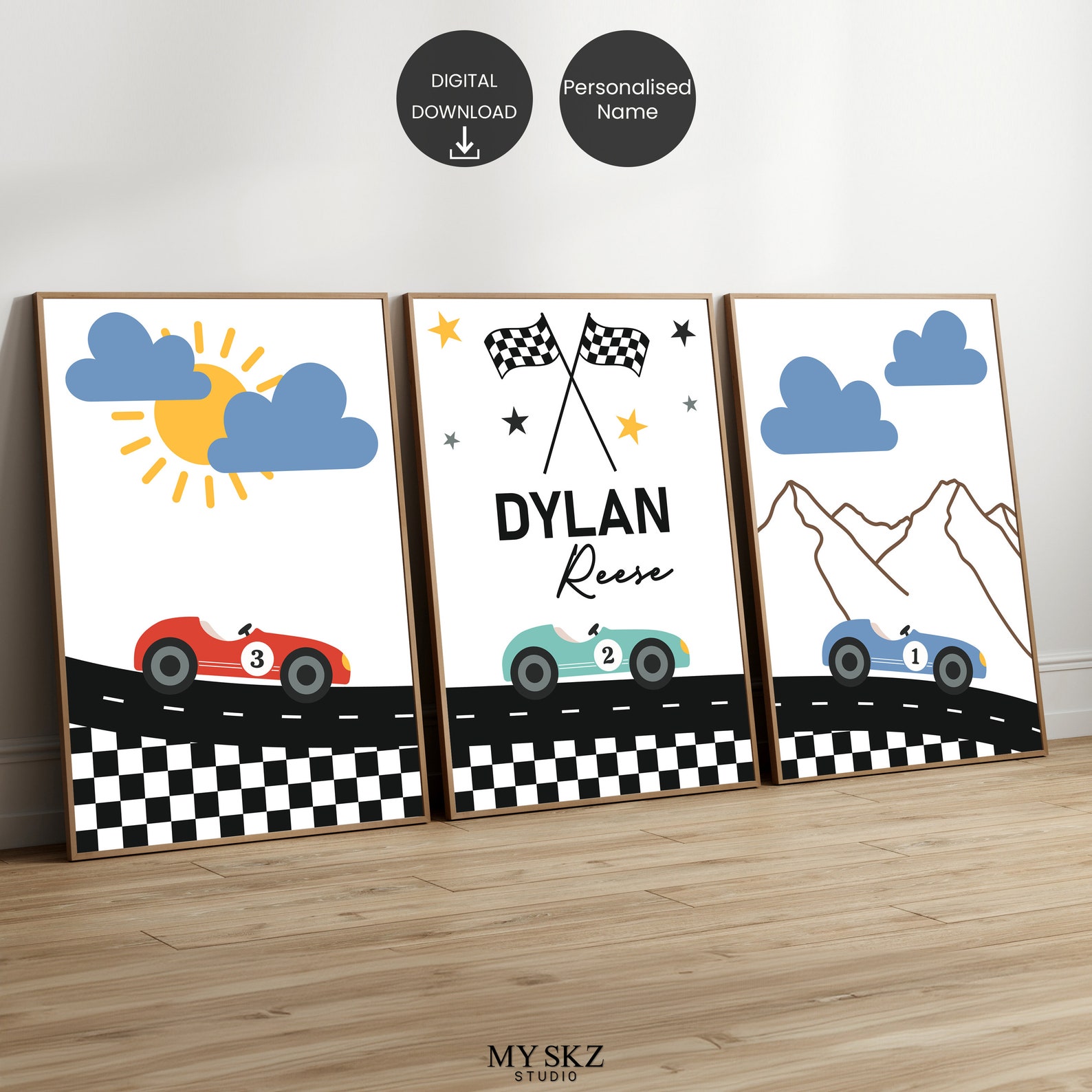 Road Map Racing Car Prints, Custom Name Print, Set of 3 Wall Art Prints ...