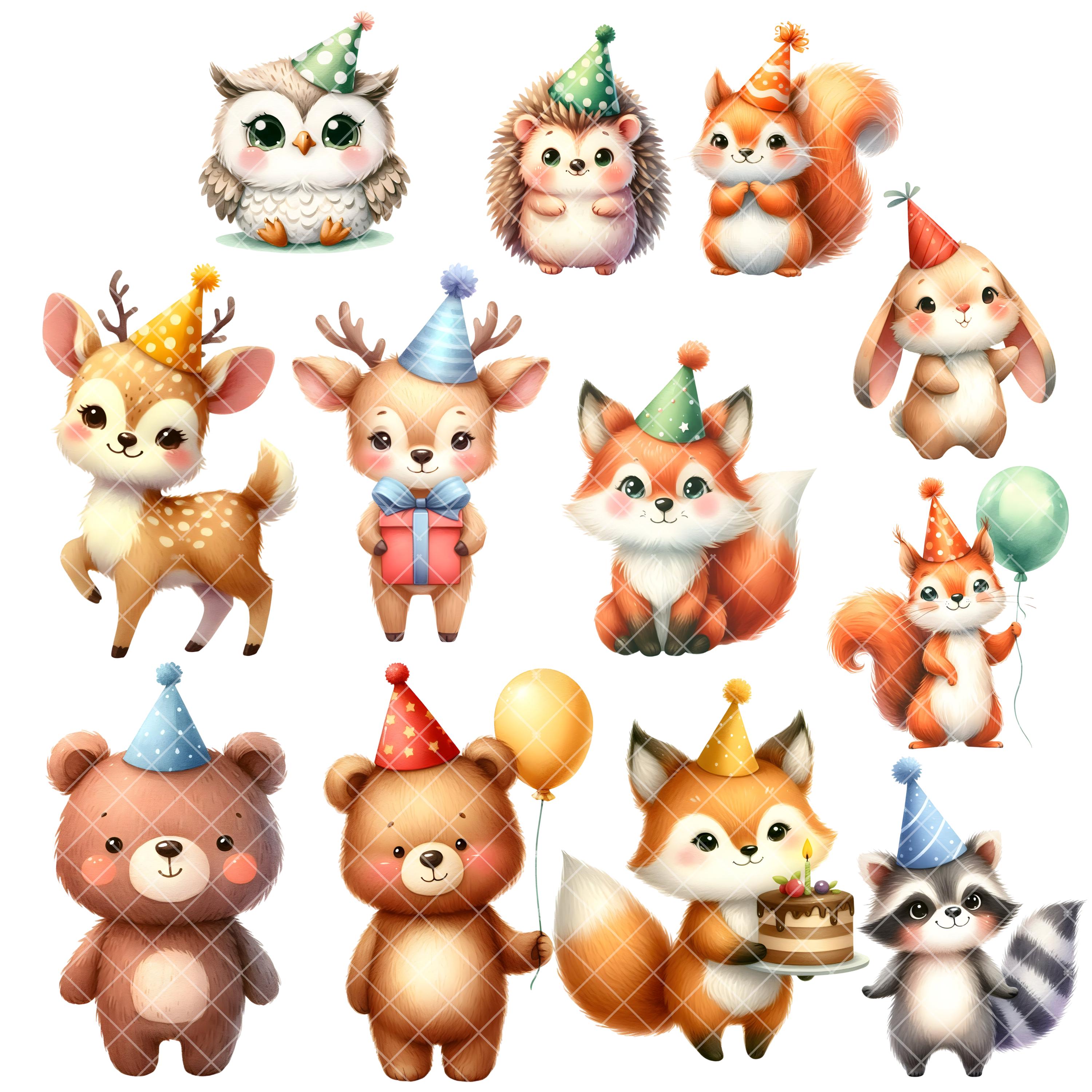 Woodland Birthday Clipart - Watercolor - Cute Animals Png - High ...