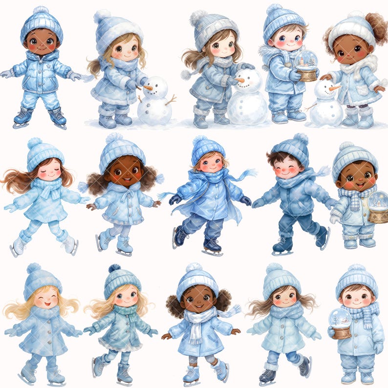 Cute Winter Clipart - Watercolor - Winter Kids Png - Ice Skating ...