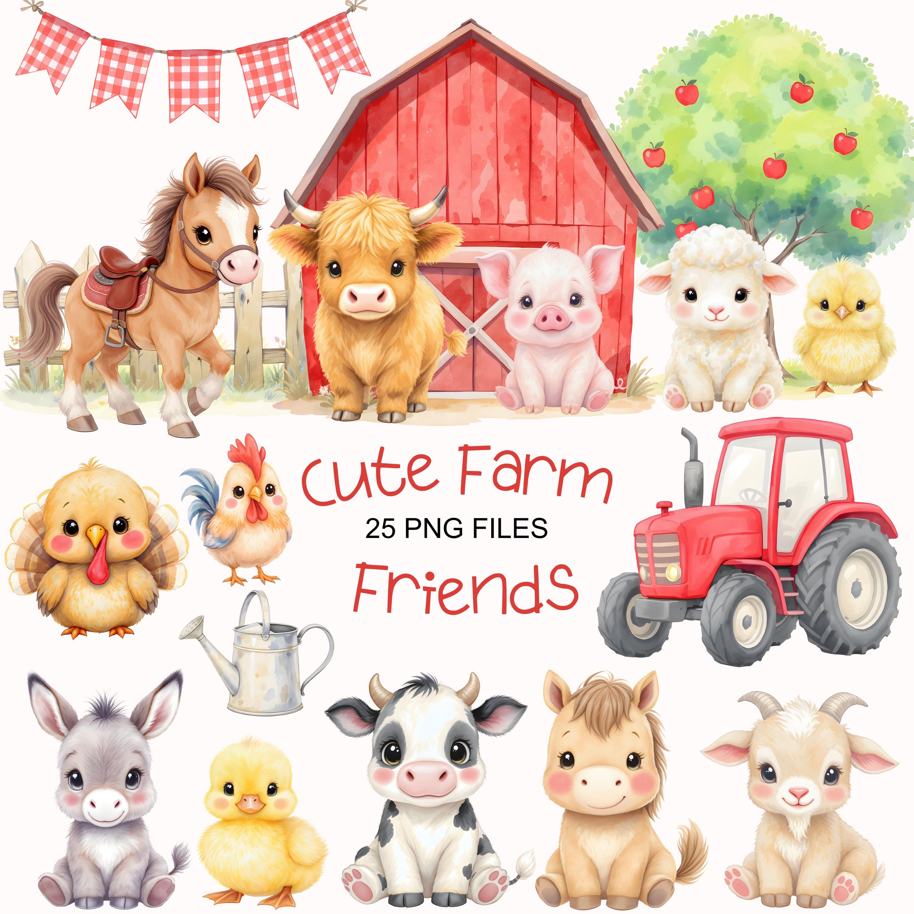 Cute Farm Clipart - Watercolor - Farm Animals Png - Cow - Pig - Horse ...