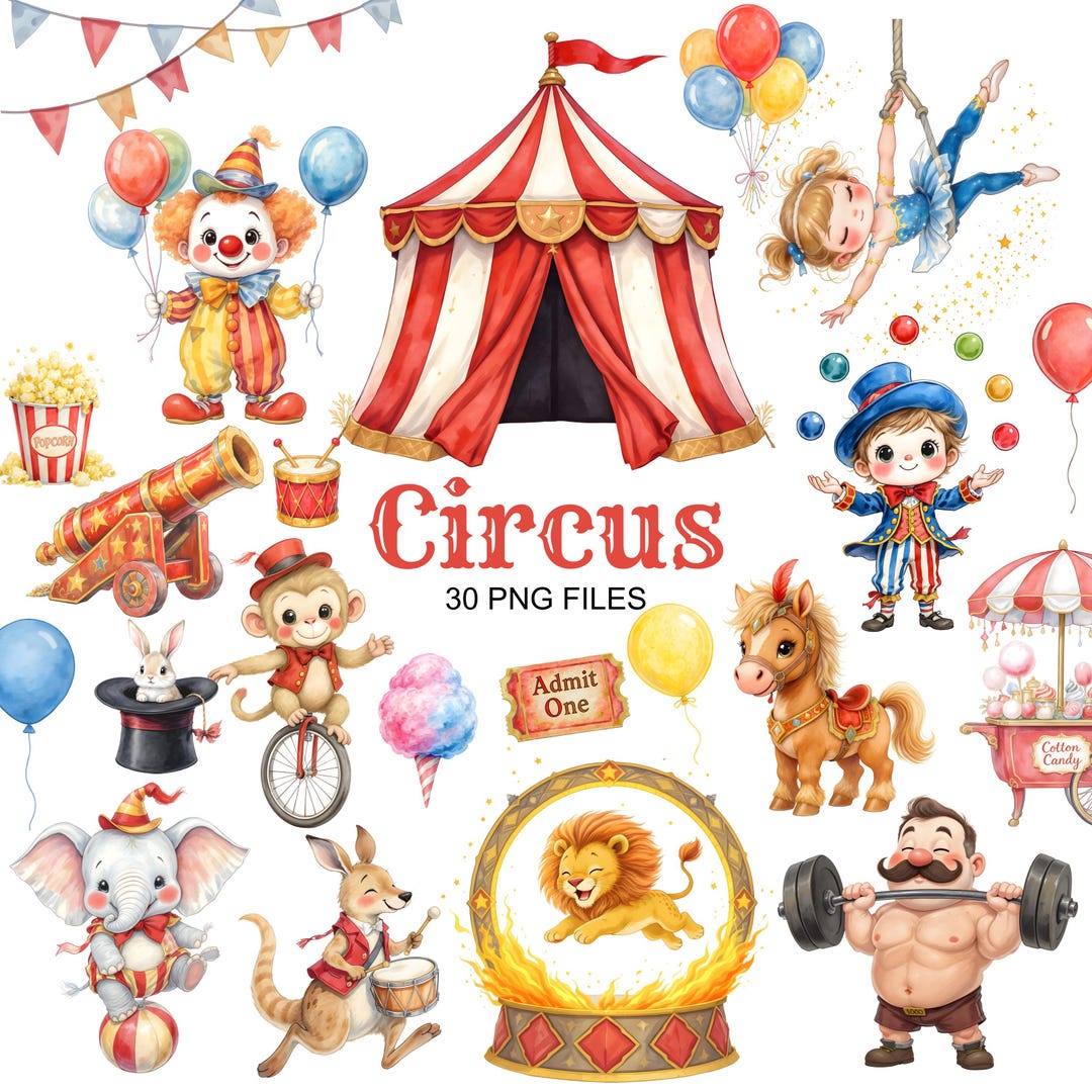 Circus Clipart - Watercolor - Carnival - Circus Animals - Tent - Cotton ...