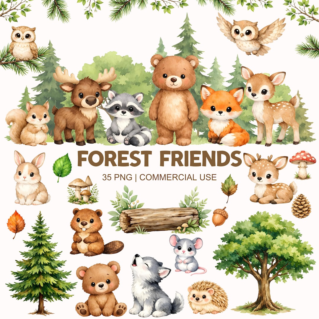 Cute Woodland Clipart - Watercolor - Forest Animals Png - Commercial ...